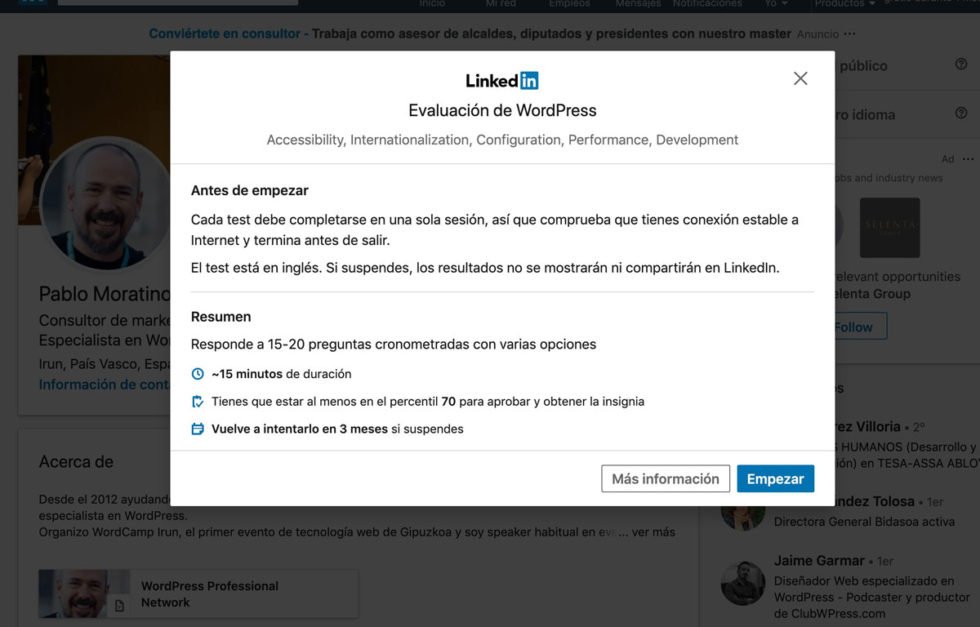Exámenes en Linkedin. Test de aptitudes • 3ymedia